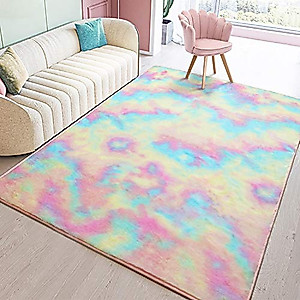 Toneed Soft Rainbow Rug for Girls Room - 4 x 5.9 Feet Fuzzy Cute Colorful Area Rugs for Kid Bedroom Nursery Home Decor Floor Carpet
