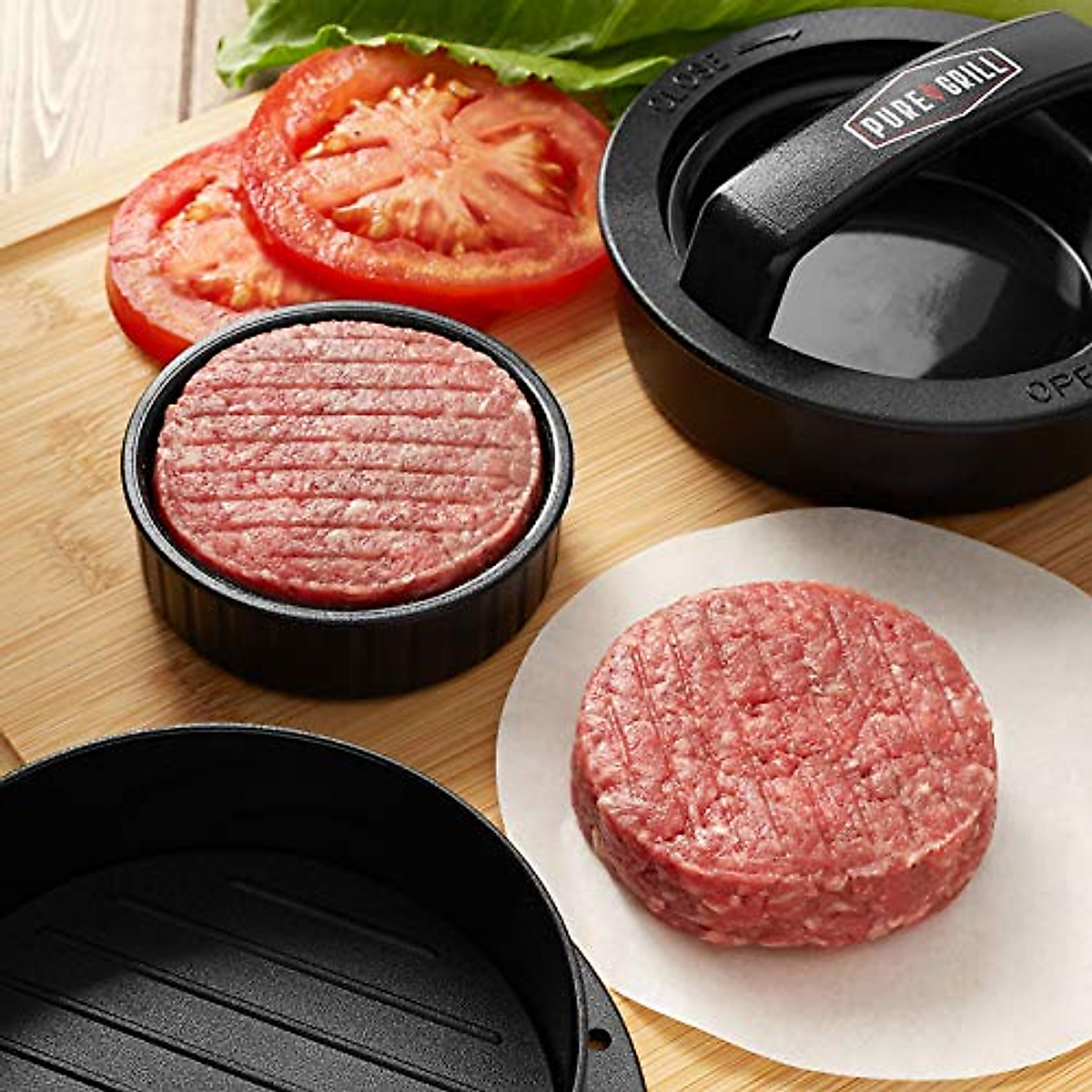 Pure Grill 3-in-1 Burger Press - Patty Maker with 100 Wax Papers for BBQ Grilling Stuffed Hamburgers, Beef Patties, and Sliders