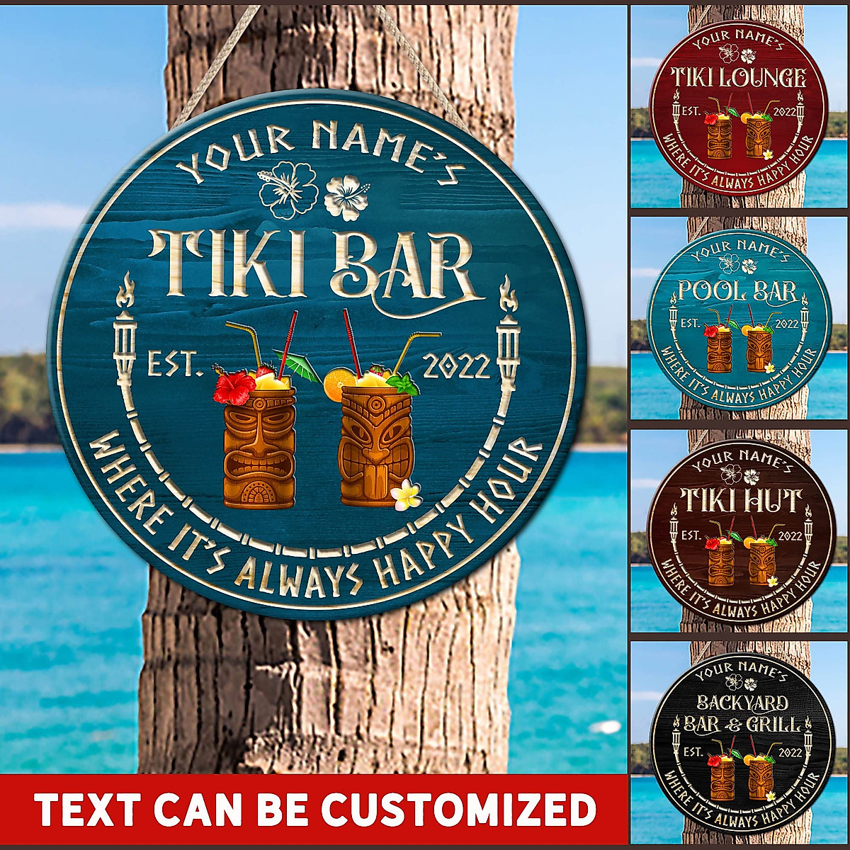 Artsy Woodsy Custom Tiki Bar Printed Wood Sign (Not Real Carved or Neon Sign), Summer Decor, Pool Sign, Backyard Bar & Grill Patio Porch Deck Home Pub Man Cave, Gifts for Beach Lovers (01)