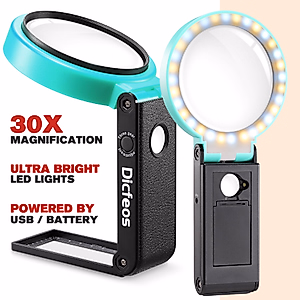 Dicfeos 30X 40X Magnifying Glass with Light and Stand, Non-Rechargeable, Folding Design 32 LED Illuminated Magnifying Glass for Close Work, Powered by Battery or USB(Green)