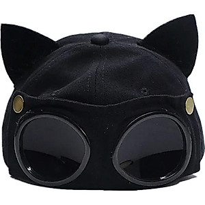 Retro Aviator Hat with Cat Ears Glasses Peaked Cap Sunglasses Baseball Cap Hip Hop Mask Black