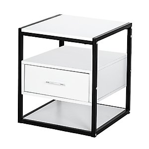 Nightstand Set of 1 with Drawer Modern Square End Side Table for Storage Open Shelf in Bedroom, Living Room, Small Space, Stable Metal Frame, White Compact and Sturdy Storage Solution