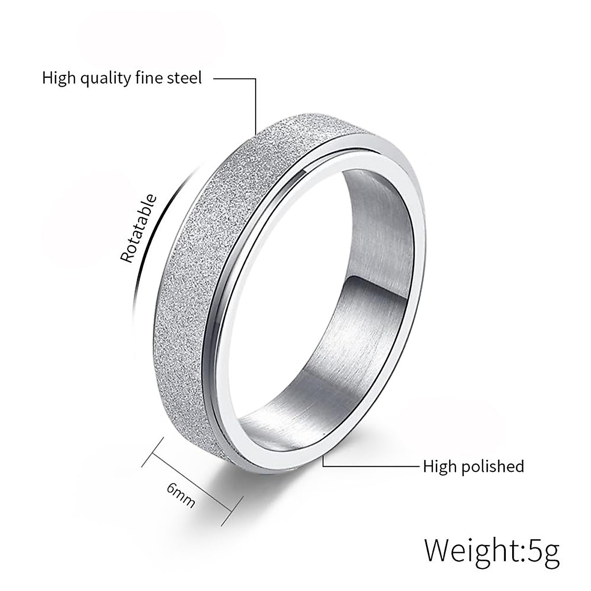 WLPCIV Anxiety Ring for Women Men Stainless Steel Spinner Ring Fidget Band Rings Sand Blast Glitter Finish Rings for Stress Relieving Wedding Promise Ring, Silver Size 7