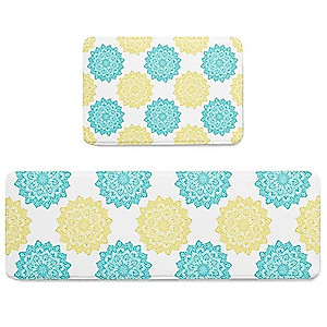 CyCoShower Kitchen Mat Kitchen Floor Mat, Cushioned Anti-Fatigue Kitchen Rug,Mandala Pattern Aqua Yellow Texture 2 PCS Kitchen Rugs Non-Slip Standing Rug Set Comfort Floor Mats