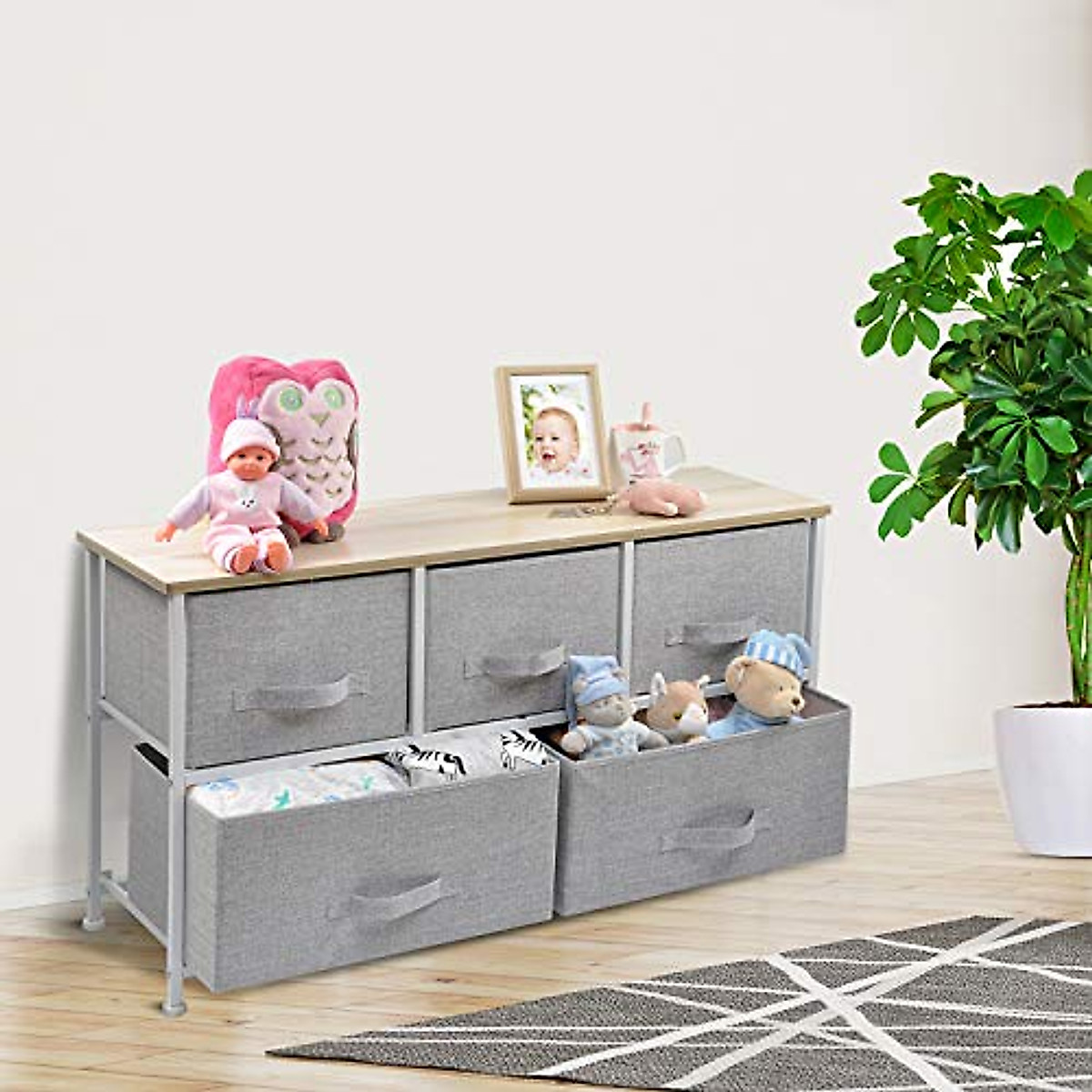 Wide Drawer Dresser Storage Organizer - CERBIOR 5-Drawer Closet Shelves, Sturdy Steel Frame Wood Top with Easy Pull Fabric Bins for Clothing, Blankets- Grey