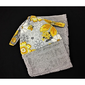 White and Yellow Flowers on Grey Gray Ties On Stays Put Kitchen Hanging Loop Hand Dish Towel