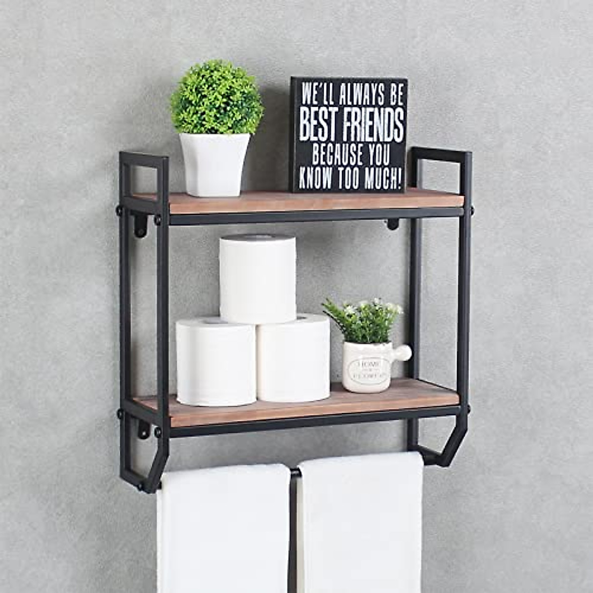 Industrial Bathroom Shelves Wall Mounted,Rustic Pipe Shelving Wood Shelf with Towel Bar,Farmhouse Towel Rack,Metal Floating Shelves Towel Holder,Shelf Over Toilet(Blcak)