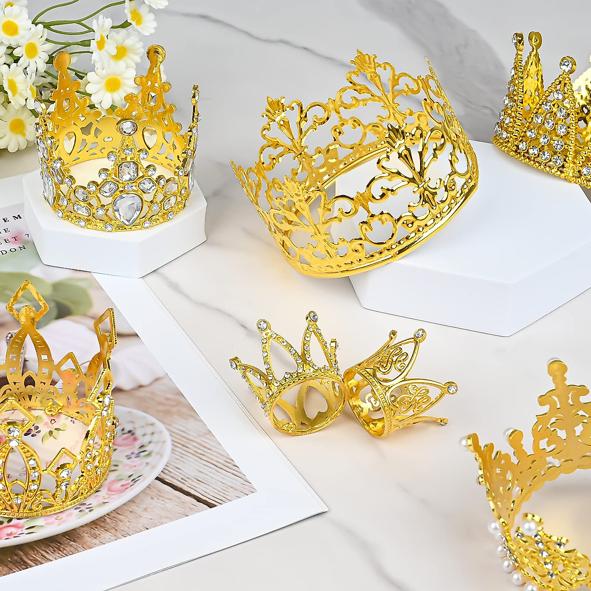 Crown Cake Topper Mini Crown Gold Crowns for Flower Bouquets Glittering Metal Queen Crowns for Women Girl Lady Bridal Wedding Vintage Cake Decoration for Baby Shower Birthday Party 9 Style
