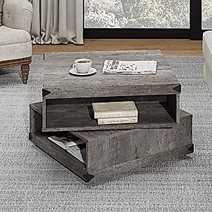 WAMPAT Rotating Coffee Table 2-Tier, Square Wood Accent Tea Center Table with Rotatable Storage for Recepiton Living Room, 4 Cubbies, Riveted Corner Protection, Vintage Grey, 25.5"