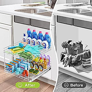 BONADOM 2 Tier Pull Out Cabinet Organizer(21''Dx17''W) Heavy Duty Slide Out Drawers for Kitchen Cabinets Storage Roll Out Shelf Rack Storage for Pots, Pans, PullOut Cupboard Organizer