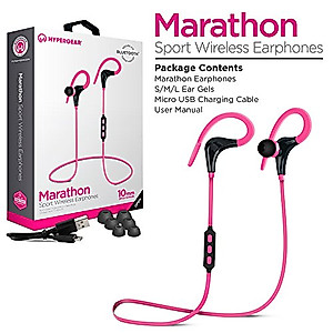 HyperGear Marathon Sport Wireless Bluetooth Earphones. Hands-free Music + Mic For Calls. Secure Fit & sweatproof For The Gym, Running & Walking (Pink)