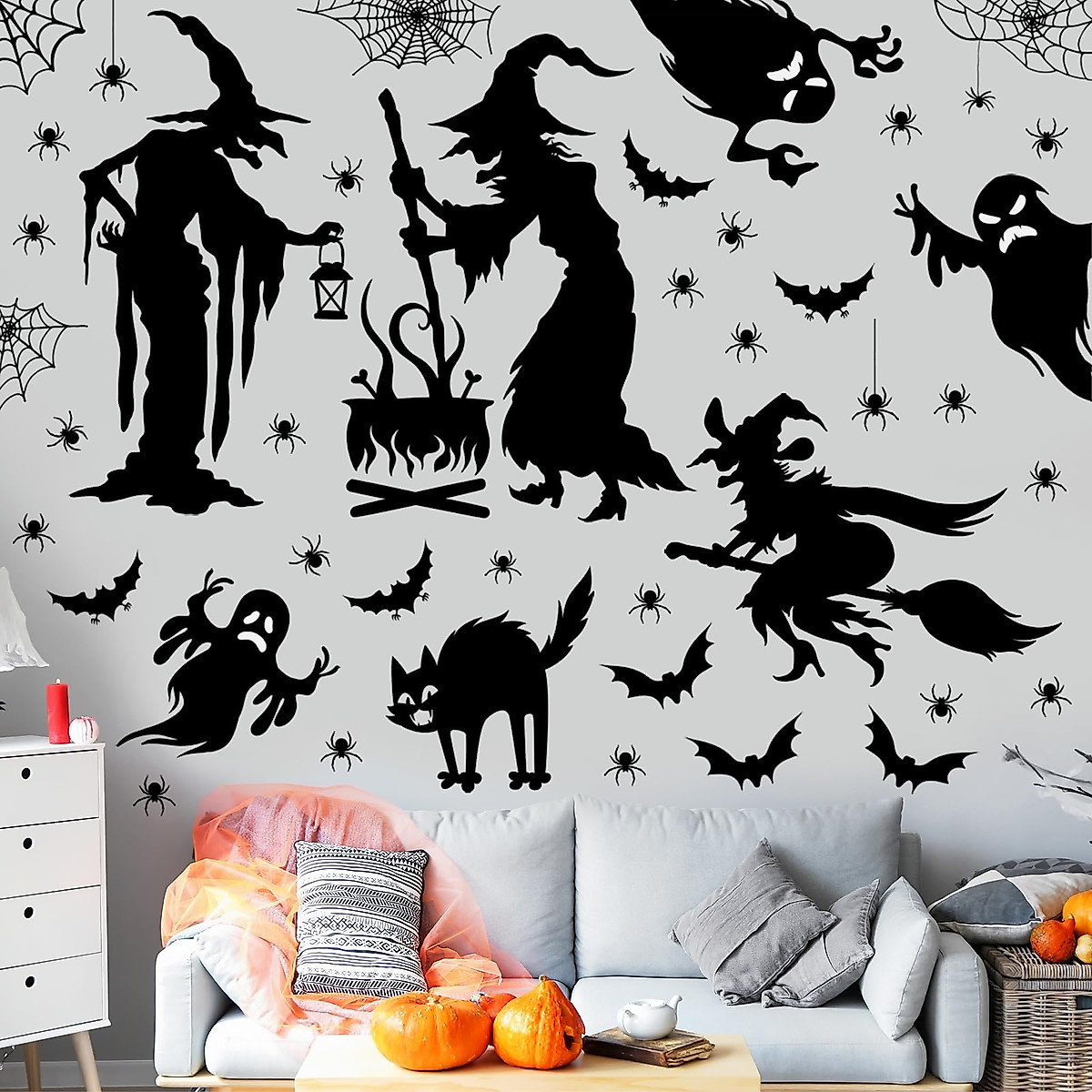 Cholemy 4 Sheets Halloween Wall Decals 35.4 x 11.8 Inch Halloween Wall Sticker Large Witch Spider Bat Pumpkin Wall Decals Removable Halloween Wall Clings for Home Party Decor Supplies