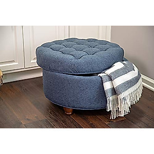 Homepop Home Decor | Large Button Tufted Woven Round Storage Ottoman | Ottoman with Storage for Living Room & Bedroom (Navy Woven) 25 inch D x 25 inch W x 15 inch H