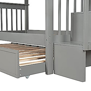 Twin Over Twin Bunk Bed with Trundle and Stairs, Solid Wood Bunk Beds Frame with Storage for Kids, Teens, Adults, Bedroom, Dorm. No Box Spring Needed (Gray)