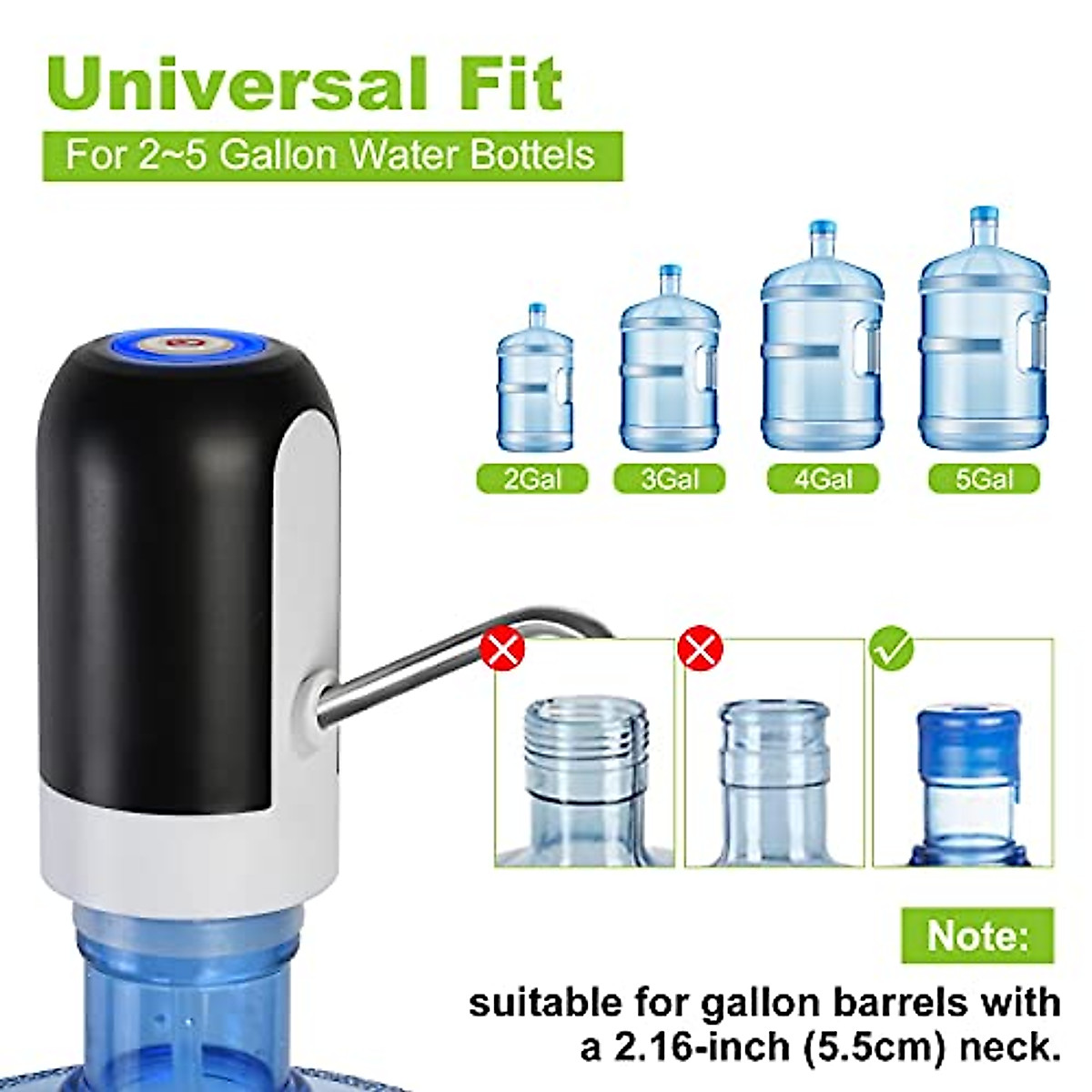 Calogy 5 Gallon Water Dispenser, Electric Drinking Water Pump with Rechargeable, Portable Automatic Water Bottle Pump for Camping Kitchen Home Office - Black