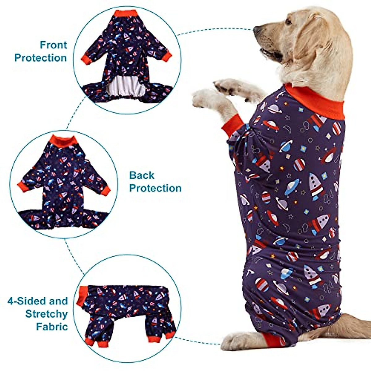 LovinPet Pullover Pitbull Pajama PJS - Lightweight Pullover Pajamas, Full Coverage Dog Pjs,Spacecraft Navy Print, Large Breed Dog Pjs/XL