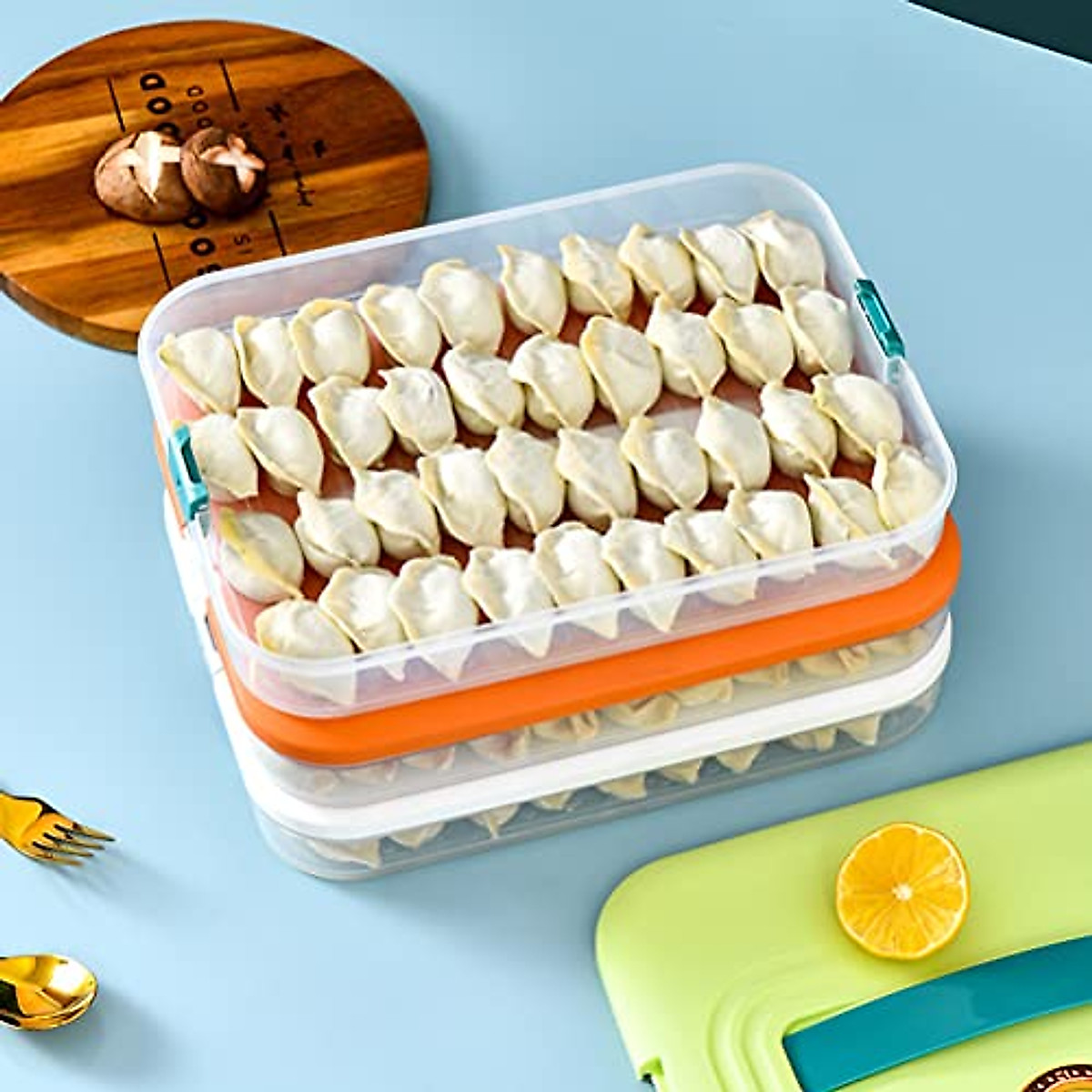 OHEPFD Refrigerator Organizer Bins,Food Storage Containers with Lids Dumpling Storage Box 3-Layer Stackable Food Storage Tray Organizer Holder for Kitchen Fridge, Dark Green 3 Layer, 30.5*23*12cm