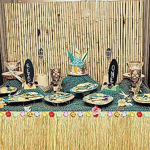 Fovths 4 Pack Luau Grass Table Skirt Natural 9 Feet x 29.5 Inch Hawaiian Table Skirt for Tropical Hawaiian Party Decorations Luau Party Costume Party, Straw Yellow
