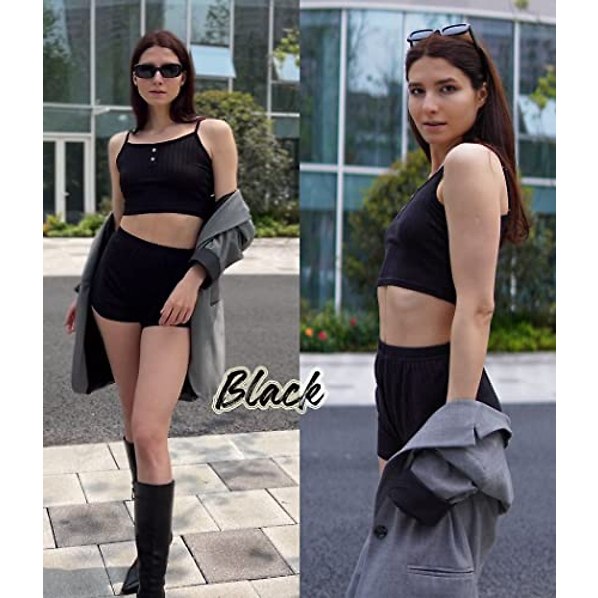 Ekouaer Sexy Loungewear Set for Womens Rib-Knit Outfits Camisole Top with Shorts Lounge Pj Set Khaki Black Plain Blue,Medium