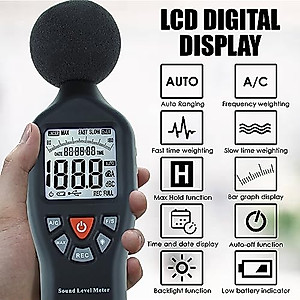 Decibel Meter, Sound Level Meter CD Software Audio Decibel Noise Measure Tester 30 – 130 dB Audio Noise Measuring Range with Backlit LCD Display, Data Record Function