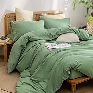 BESTOUCH Duvet Cover Set 100% Washed Cotton Linen Feel Super Soft Comfortable Chic Lightweight 3 PCs Home Bedding Set Solid Light Grass Green Full/Double