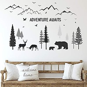 Tenare 3 Sheets Nursery Wall Decals Dreamy Forest with Pine Tree Animal Deer and Mountain Decals Inspirational Quote Wall Stickers DIY Wall Decals for Kids' Room Living Room Bedroom (Simple Style)