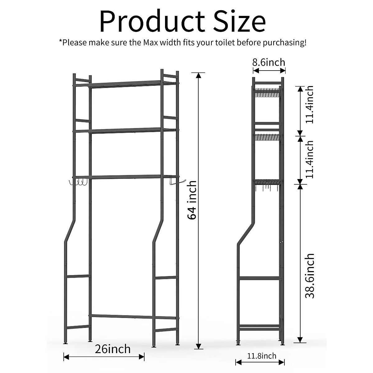 GloTika 3-Tier Over The Toilet Storage, Space Saver Metal Bathroom Shelves, Freestanding Above Over Toilet Storage Shelf with 4 Hooks for Bathroom, Black