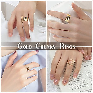 FIBO STEEL 12PCS Gold Chunky Rings for Women, 18K Gold Plated Thick Rings, Stacking Open Rings Set Adjustable Gold