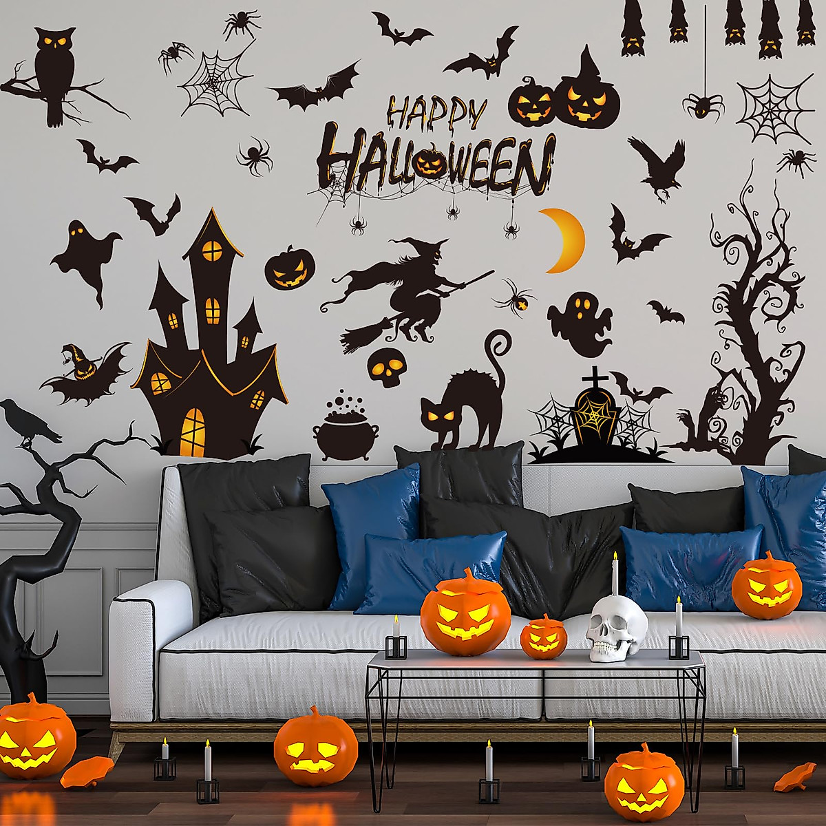 AnyDesign Halloween Wall Decals Bats Ancient Castle Wall Stickers Halloween Removable DIY Wall Art Stickers for Halloween Home Classroom Birthday Party Decoration, 11.8 x 13.8 Inch, 6 Sheets