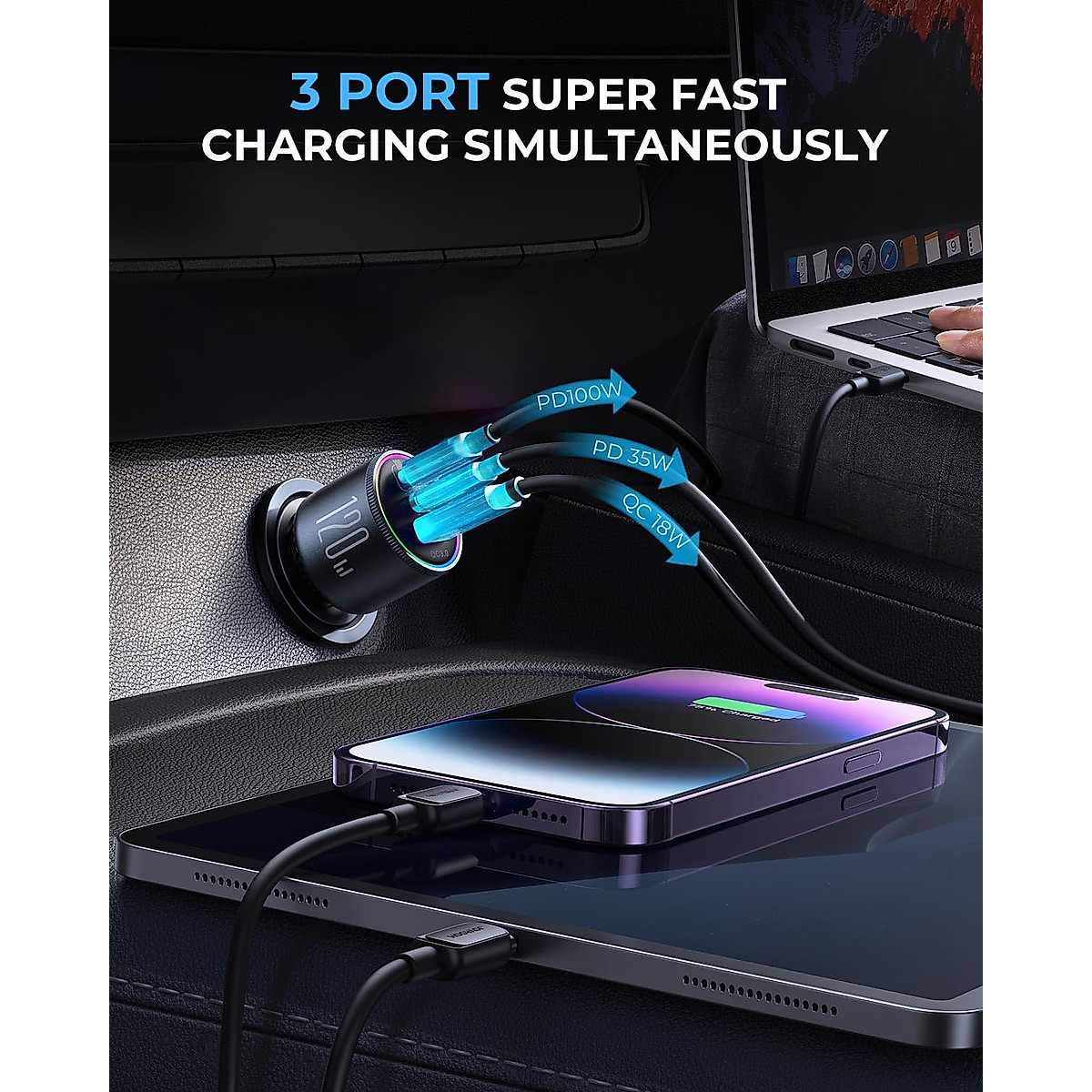 120W Car Charger USB C for iPhone 15 Pro, JOYROOM 3 Port Super Fast Car Charger Adapter PD 100W&35W QC 4.0 Car Phone Charger Fast Charging for iPhone 15/14/13 Pro Max/Samsung S23/22/Laptop