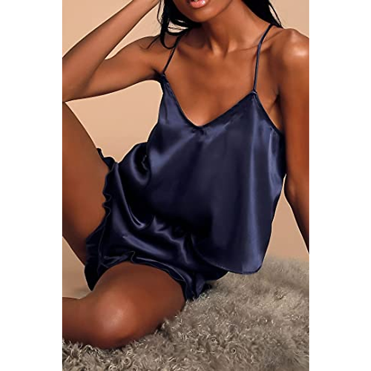FOSHPOT Silk Pajamas for Women Satin Pajamas Women with Cami Top Ruffle Shorts Pjs Sets Sexy Softer Bridal Gifts Navy Blue