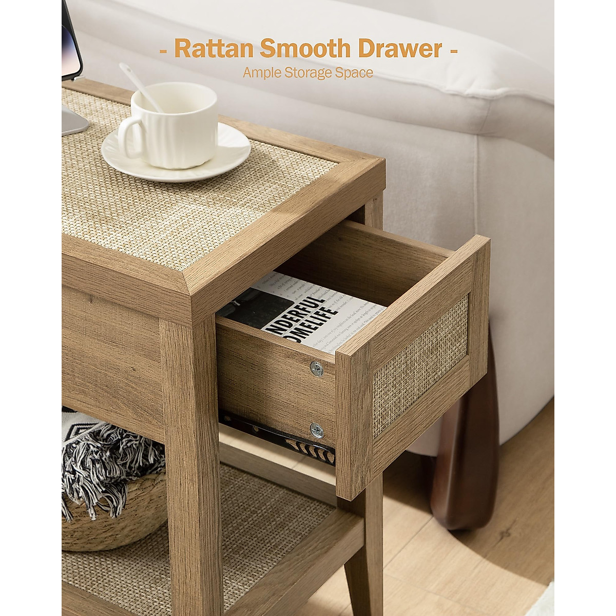 SICOTAS Rattan Nightstands Set of 2 - Boho Night Stand with Type-C Charging Station & Rattan Drawer - Bed Side Table End Table for Bedroom Living Room - Natural Oak