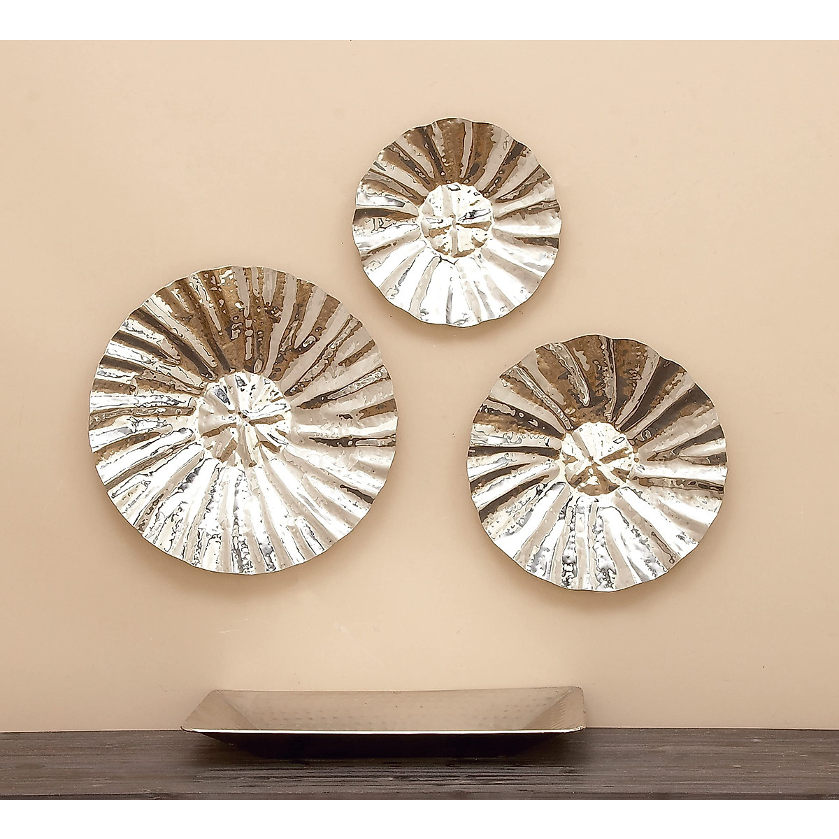 Deco 79 Stainless Steel Plate Wall Decor with Hammered Designs, Set of 3 17", 14", 11"W, Silver