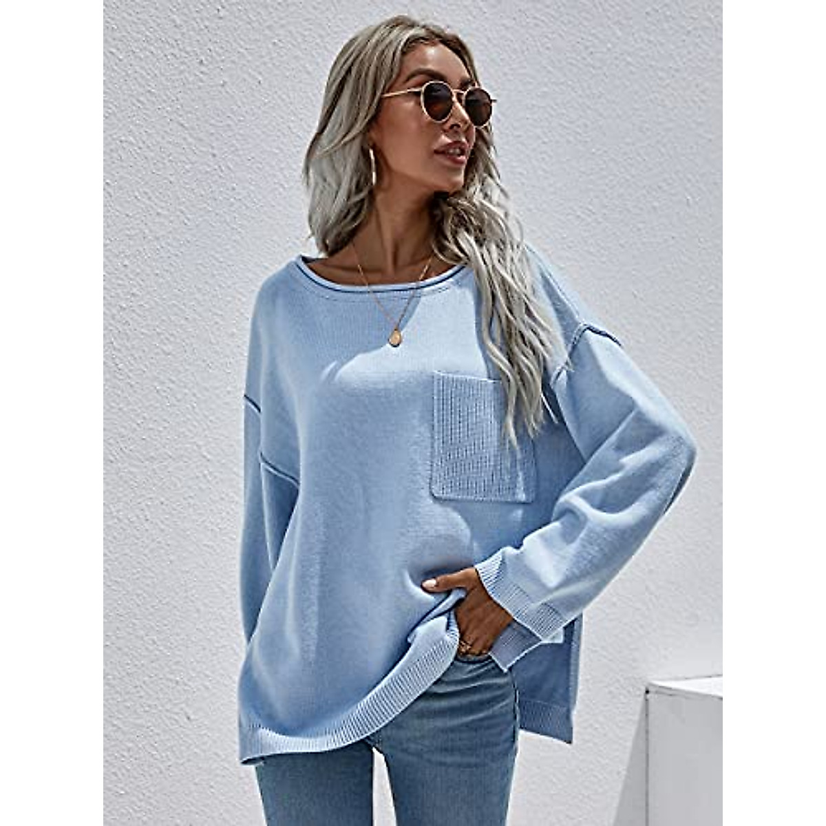 ECOWISH Womens Sweaters Loose Fit Long Sleeve Pullover Crew Neck Knit Sweater with Pockets 217 Blue X-Large