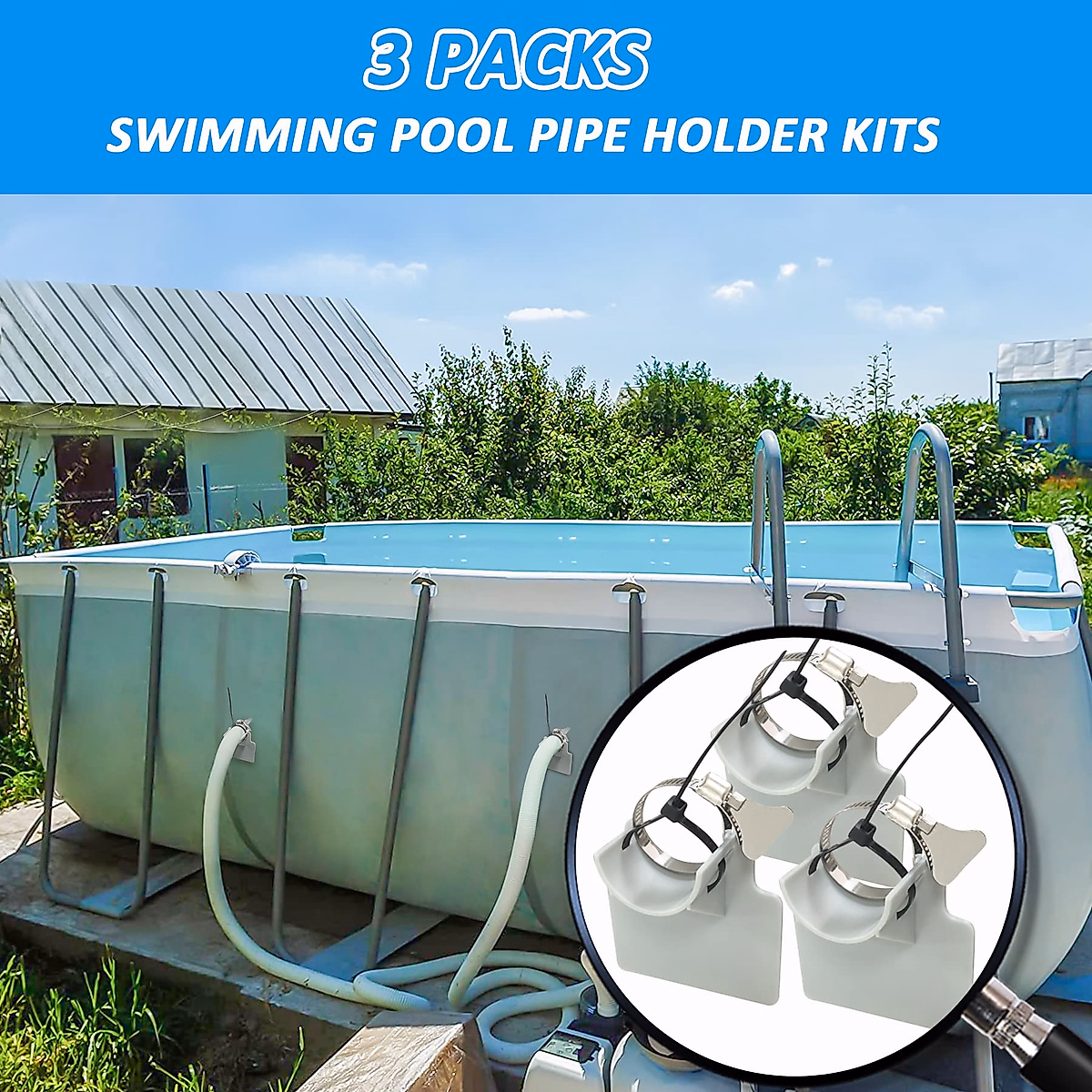 Magoog Swimming Pool Pipe Holders 3 PCS, Fits 1.5'(MAX) Above Ground Swimming Pool Hose Support Brackets, Prevent Pipe Sagging, with 3 Tapes, 6 Cable Ties& 3 Stainless Steel Hose Clamps