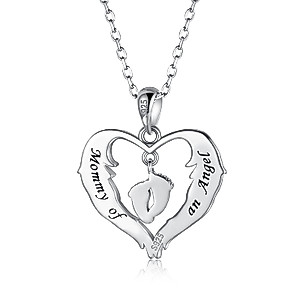 Sterling Silver Miscarriage Necklace for Women: Heart Angel Wing Foots Pendant Mommy of an Angel Jewelry, Pregnancy Loss Memorial Gifts for Mother Loss of a Baby
