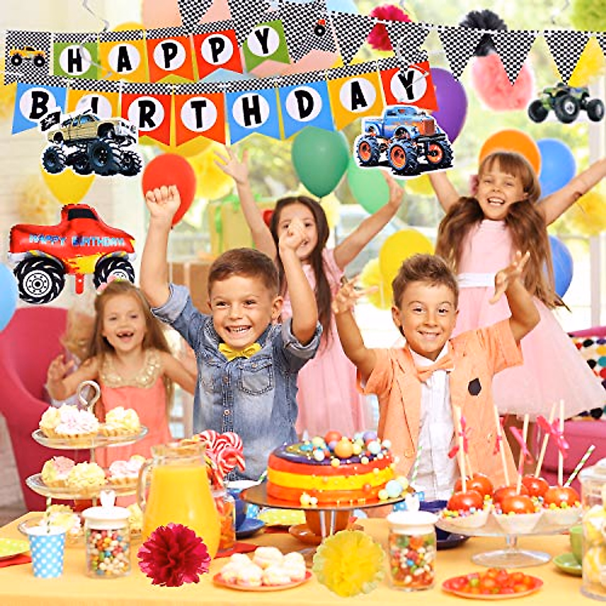 39 Piece Truck Birthday Party Supplies Happy Birthday Banner Truck Banner Triangle Bunting Flags Pom Poms Flowers Hanging Swirls Truck Shape Balloons Multicolor Balloons Cupcake Topper