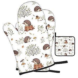 Nature Lovely Hedgehog Lovers Printed Oven Mitts and Pot Holders Set 3pcs,High Heat Resistant for Cooking Baking Grilling