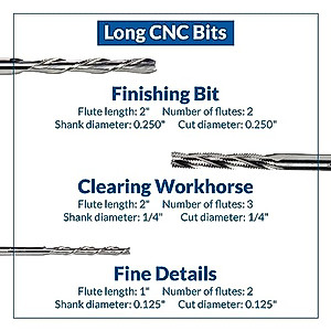 IDC Woodcraft Extended Length CNC Router Bit Set (3-Piece) - Premium Extra Long Precision Carbide Bits for Guitar Making and Other CNC Projects That Require Deep Cuts