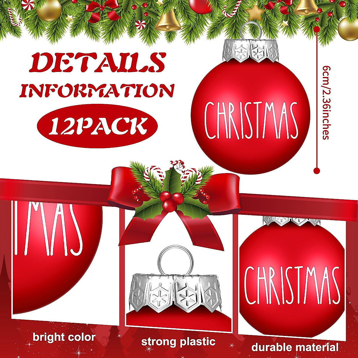 Liliful Ball Christmas Ornaments Merry Pattern Xmas Tree Decorations with Buffalo Plaid Bows Hanging Ball Farmhouse Christmas Decor Rustic Bulbs for Christmas Party Holiday (12 Pcs, 2.36 Inches)