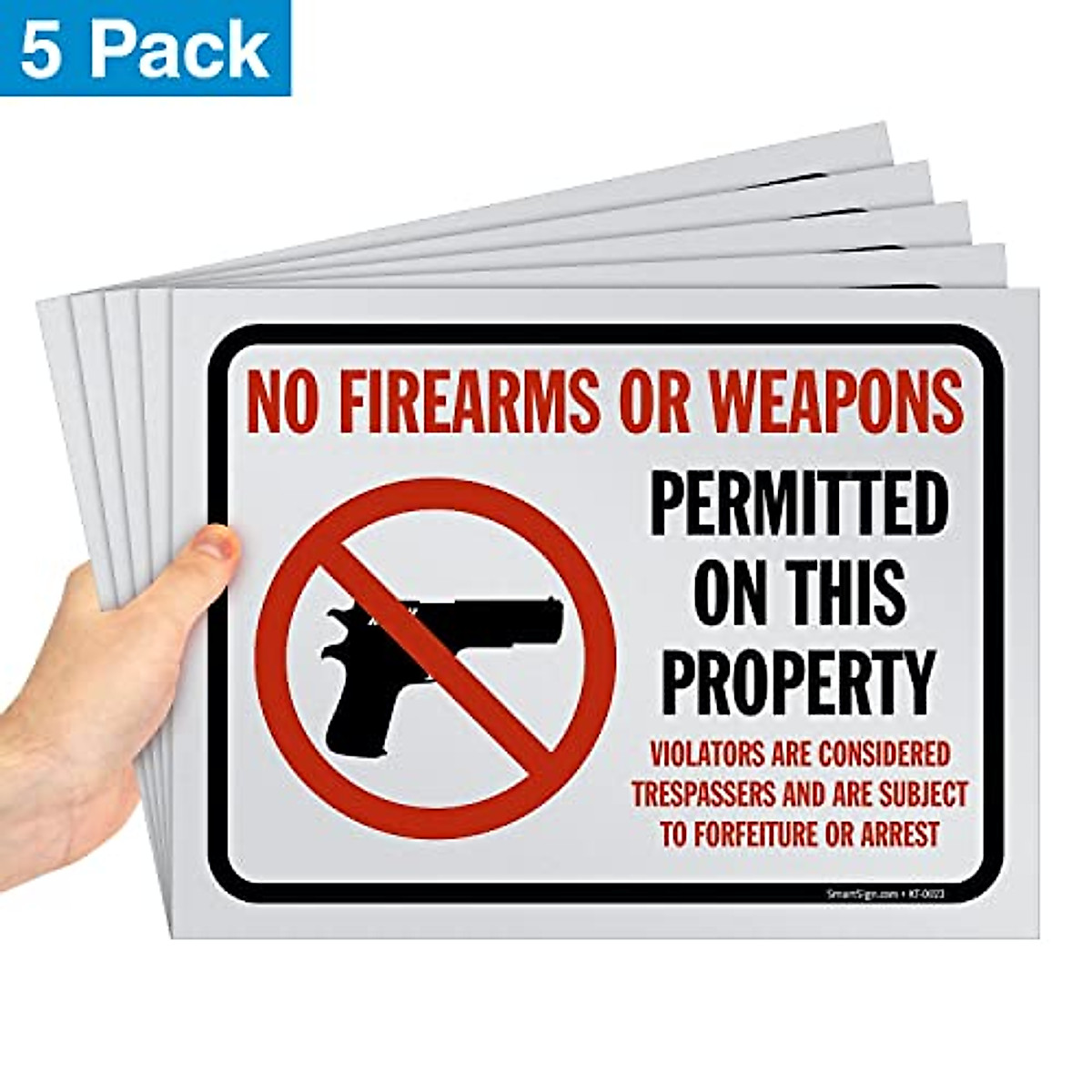 SmartSign (Pack of 5) 9 x 12 inch “No Firearms Or Weapons Permitted On This Property” Sign, Screen Printed, 10 mil Polystyrene Plastic, Red/Black on White