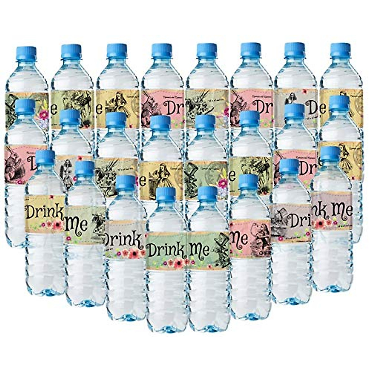 Alice in Wonderland Bottle Wraps - 24 Alice Water Bottle Labels - 8 Different Amazing layouts