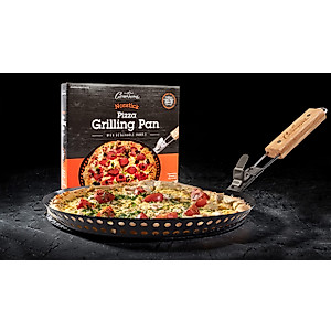Pizza Grilling Pan (12") - Non-Stick Pan w Removable Handle to Easily Close Grill & Transport Hot Dish - High Walls for Deep Dish Pizza - Use in to BBQ Indoor & Outdoor - Holiday Christmas Gift Idea