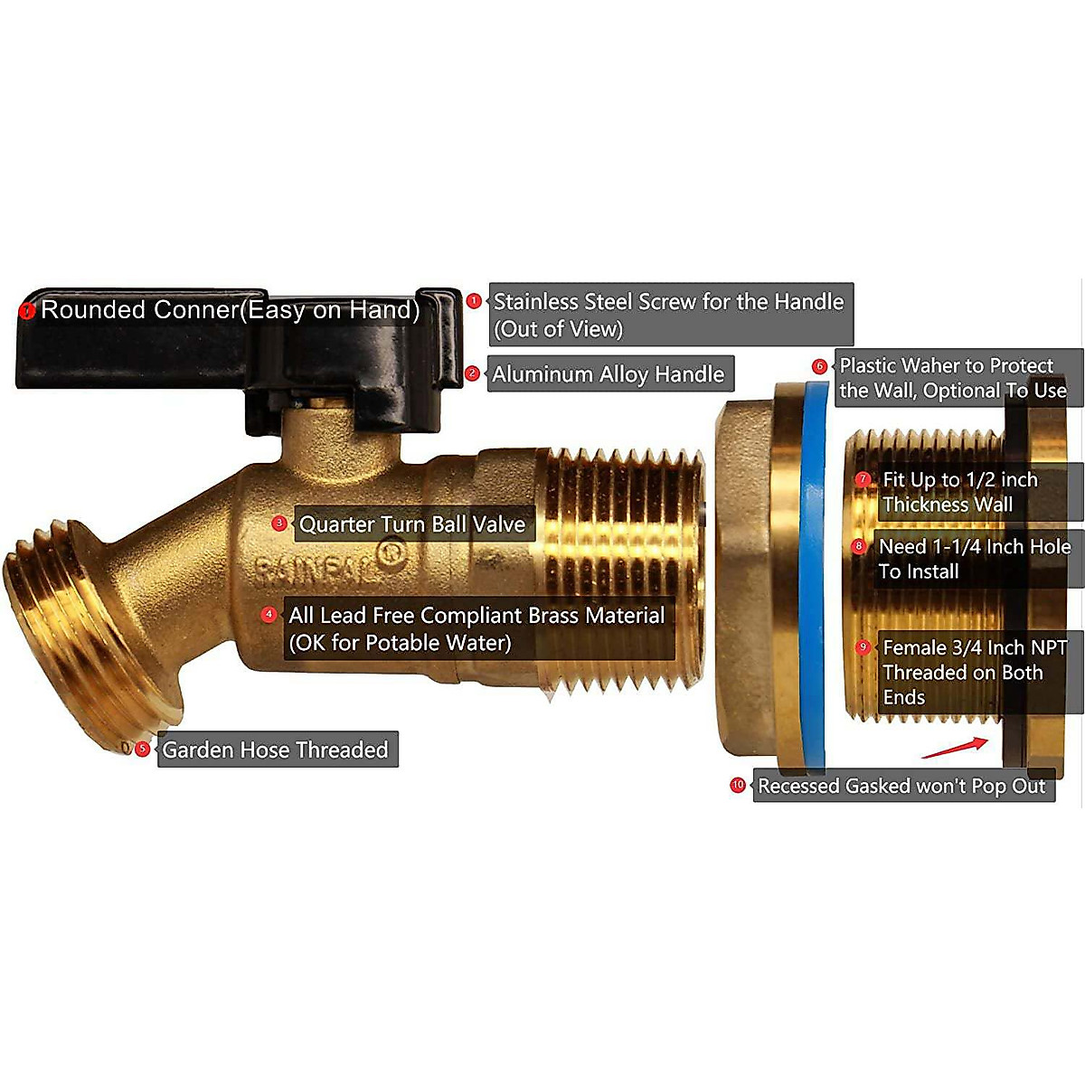 RAINPAL RBS022 Brass Rain Barrel Spigot(3/4" Quarter Turn Ball Valve w/ Bulkhead Fitting and Thread Tape)