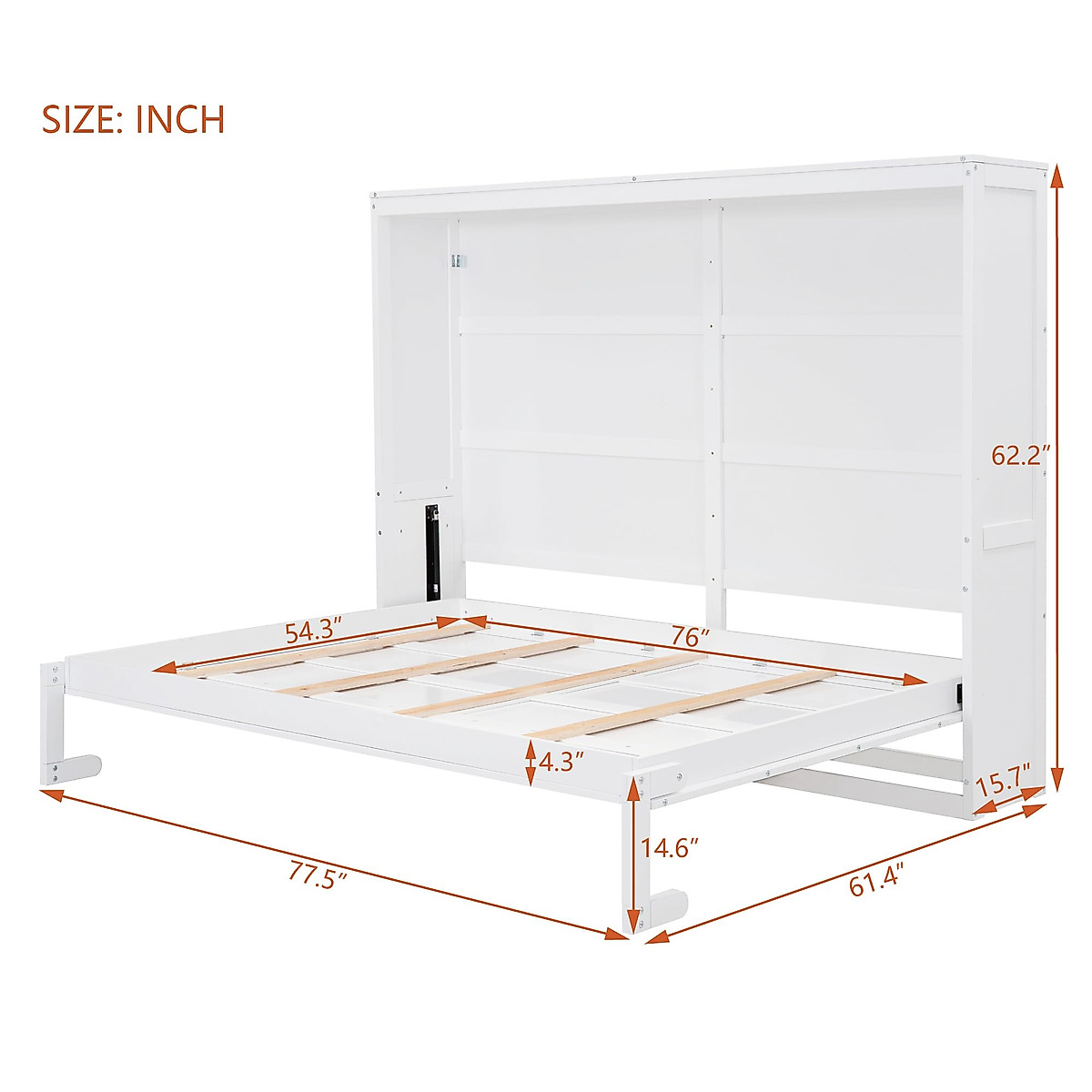 Full Size Murphy Bed Solid Wood Foldable Bed Frame Full for Kids and Teens, No Box Spring Needed (White)
