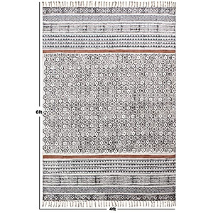 Casavani Hand Block Printed Tassels Throw Rugs Brown, Black Geometric Area Rug Doormat Floor Rug Indoor Area Rugs for Bedroom Living Room Laundry Room 3x10 Feet Runner
