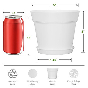 WOUSIWER 16 Pack 6 inch Plastic Planters for Indoor Flower Pots, Heavy Duty and Stylish 6 Inch Plant Pots for Indoor Plants with Drainage Holes and Tray for Plants, Flowers, White