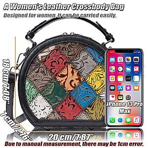 Round Patchwork Genuine Leather Shoulder Bag for Women, Colorful Small Cell Phone Crossbody Purse, Ladies Stylish Handbag