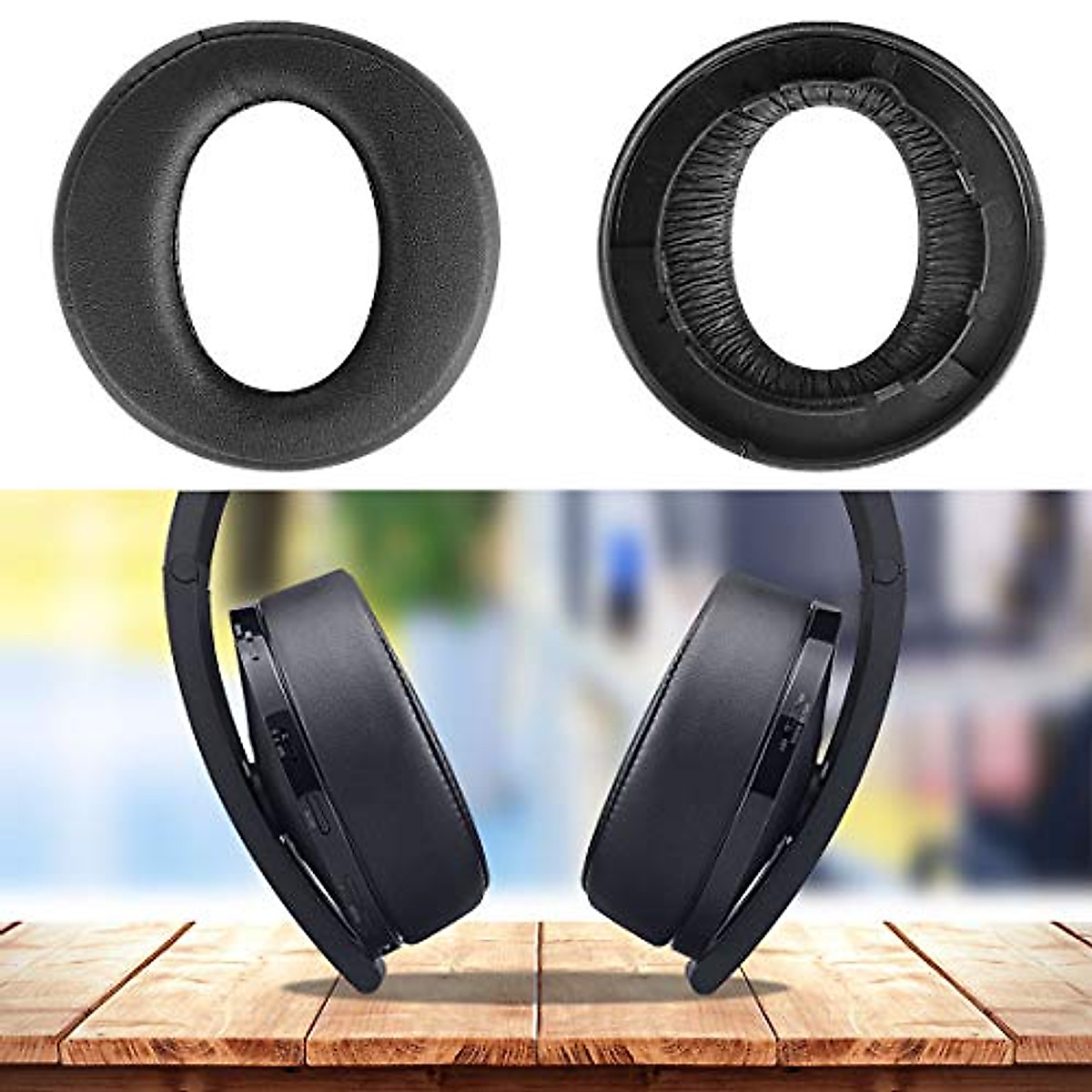 Geekria QuickFit Protein Leather Ear Pads Replacement for Sony Playstation Platinum Wireless Headset, PS4 Platinum Wireless Headphones Earpads, Headset Ear Cushion Repair Parts (Black)