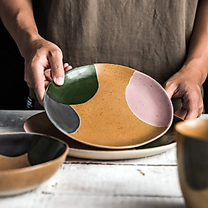 GagalU Dinner Set,Porcelain Dinnerware Sets, 18 Pieces Retro Color Stitching Ceramics Dinner Combination Set | Cereals Bowls and Steak Plates Sets with Mug for Restaurant